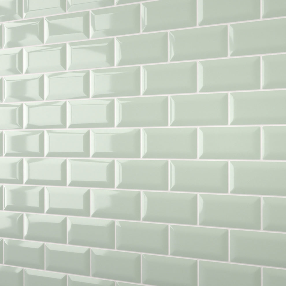 Bevel Metro Tile Glass Green Wall Panel - Reco Surfaces